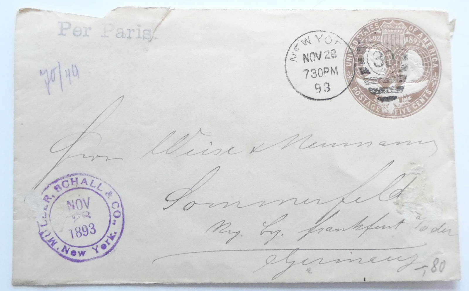 Us Fancy Letter Postmarked New York 1893 28 Nov Auction