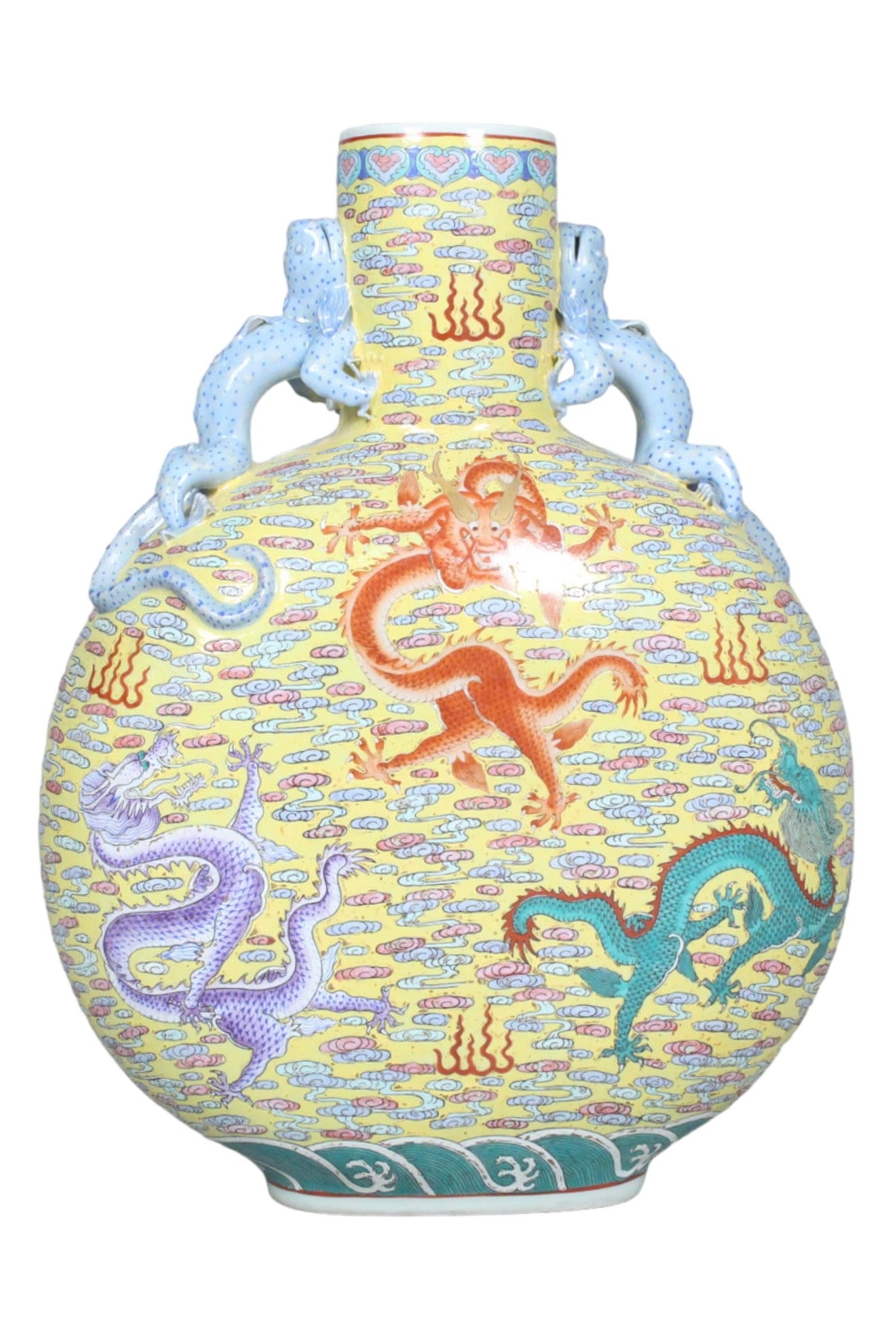 Qing Dynasty Large Pilgrim Bottle Porcelain Famille-rose Lime-ground ...