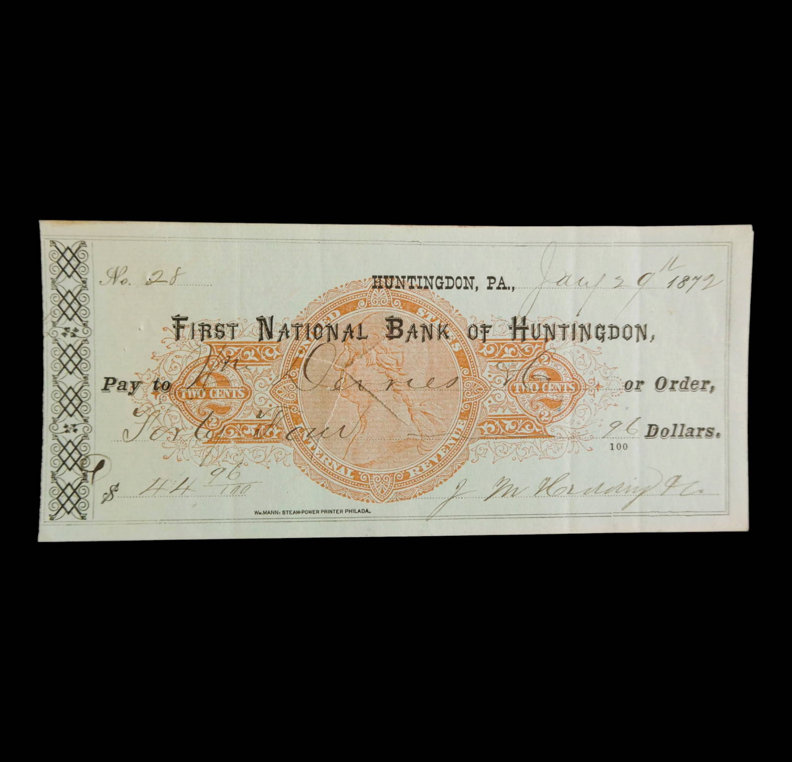 1872 First National Bank Of Hantingdon Old Checks Auction