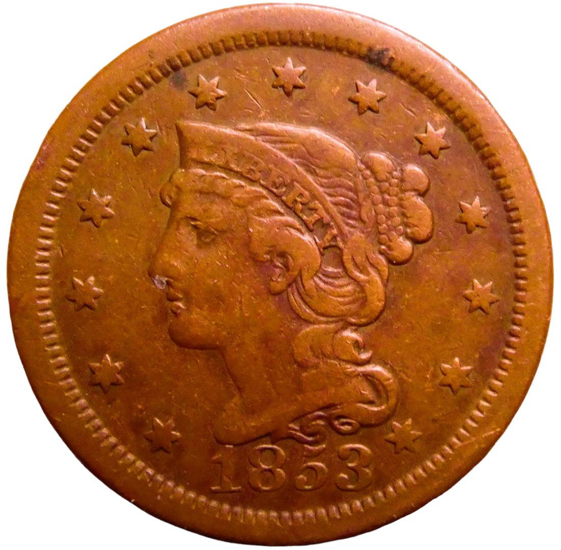 1853 Liberty Head Braided Hair Large Cent Us Copper Penny Coin Mint Auction
