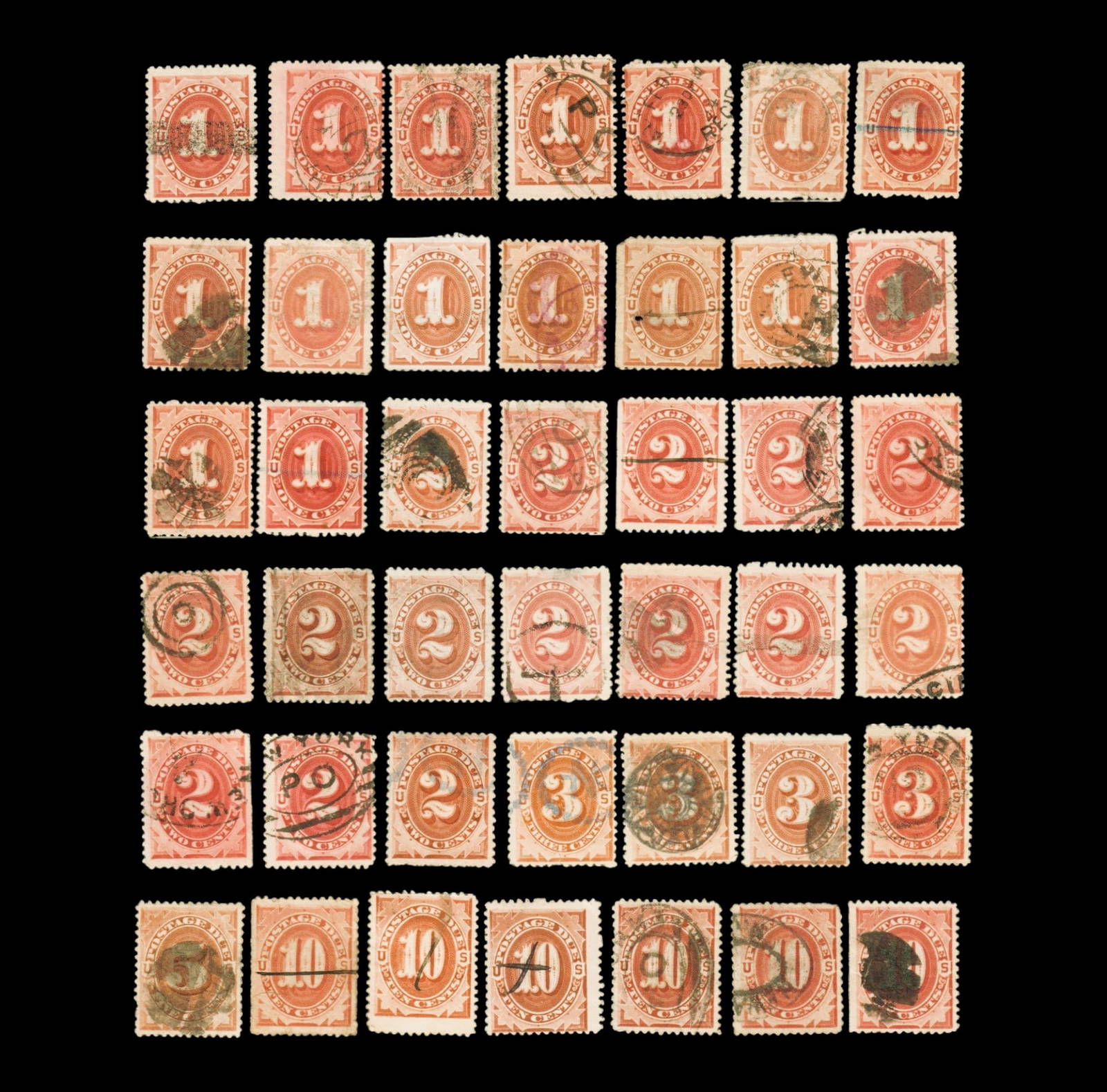 Us 1879/1891 Collection Of Oldest Postage 1c, 2c, 3c 5c, 10c Due Stamps ...