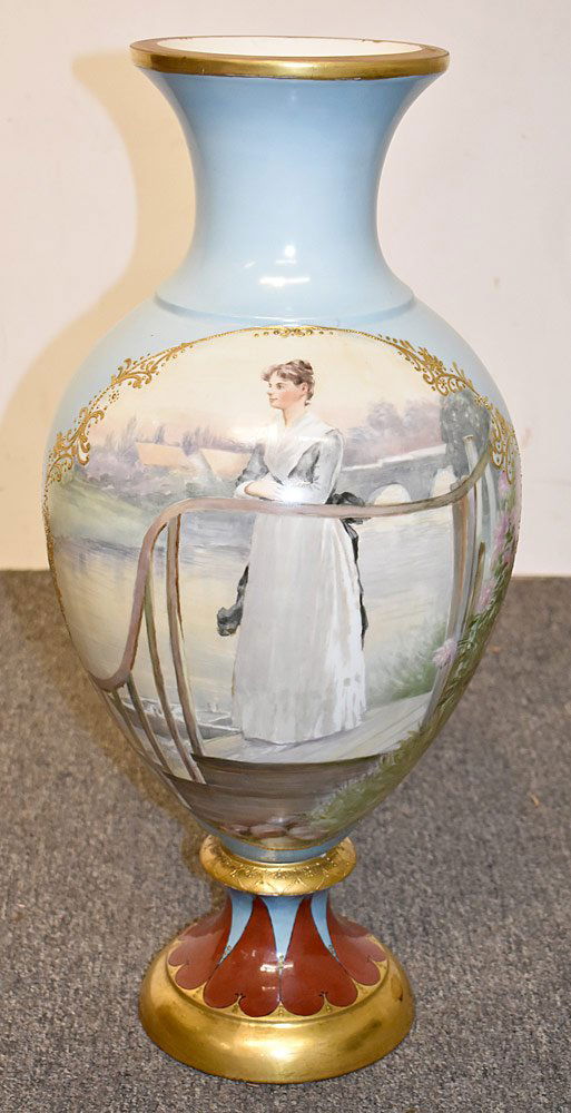 Large Limoges Painted Portrait Cabinet Vase