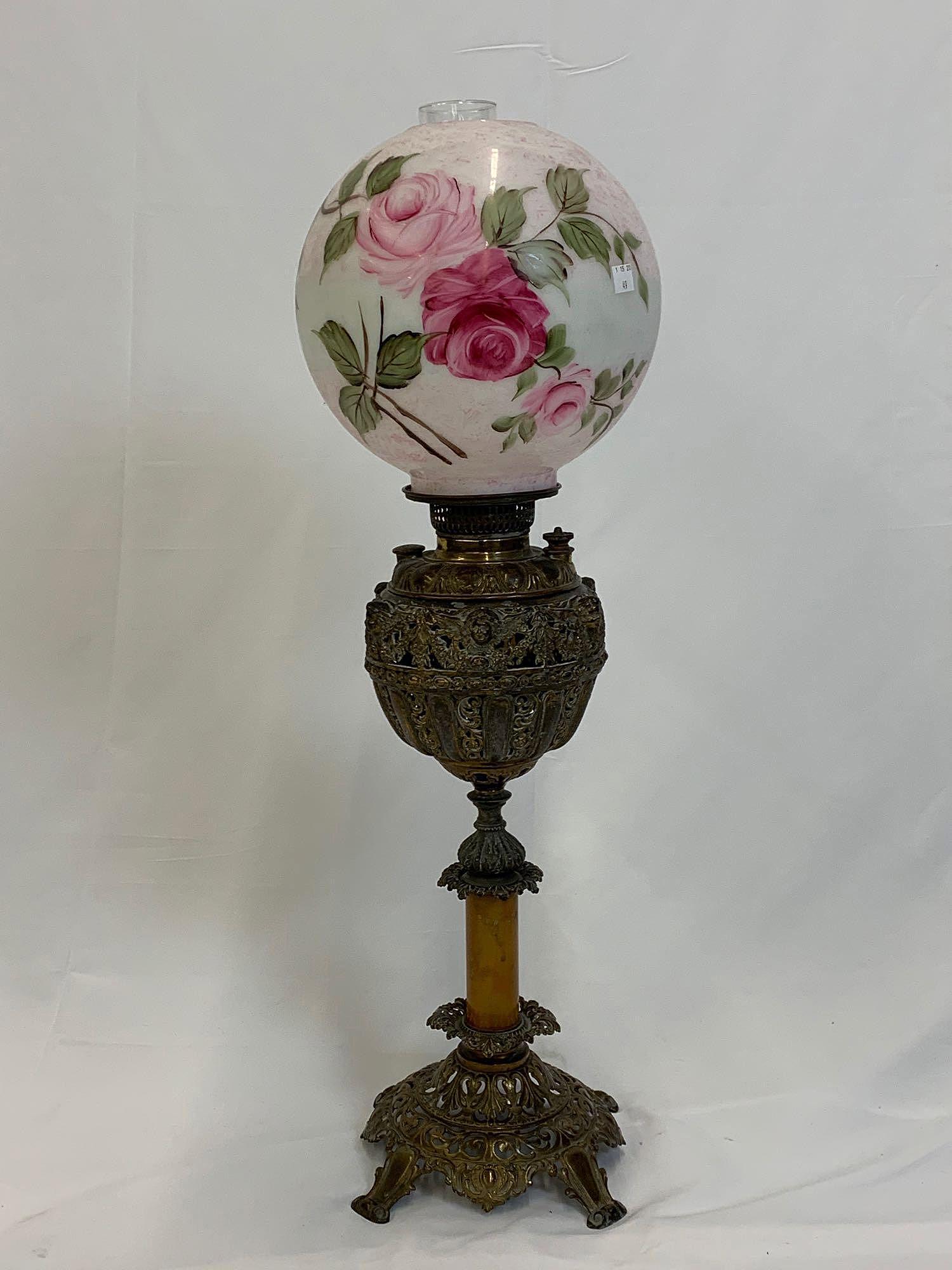 Victorian Parlor Oil Lamp With Hand Painted Shade