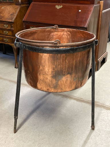 Large Copper Apple Butter Kettle On Iron Stand