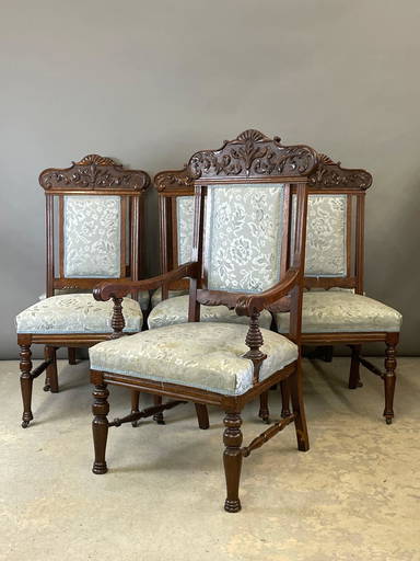 Seven Victorian Carved Oak Dining Chairs