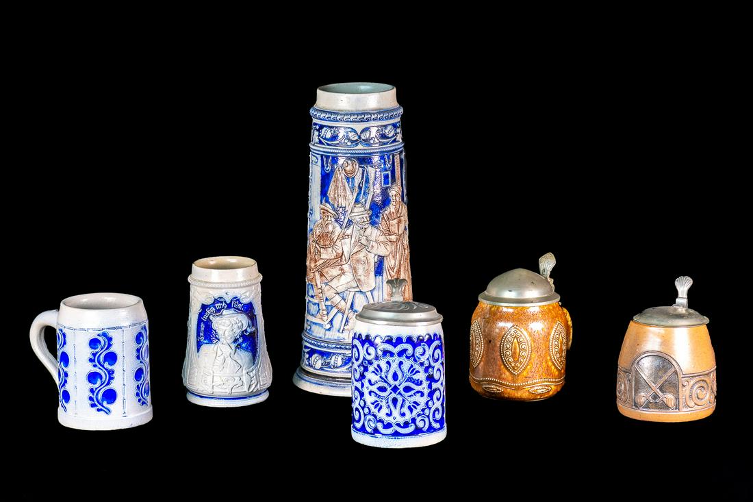 6 German Salt Glazed Beer Steins