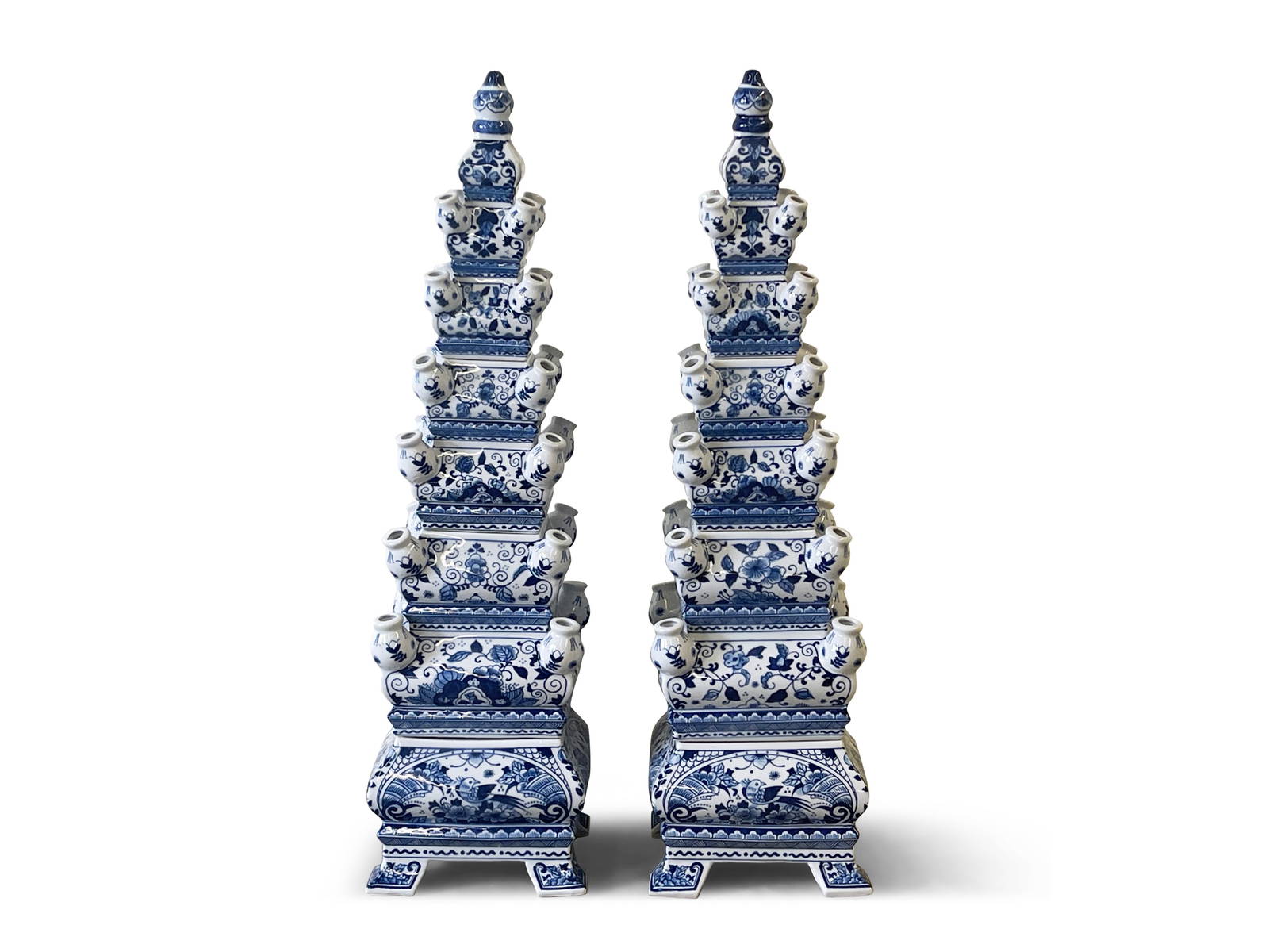 Pair Of Chinese Blue & White Stacking Pagoda Vases Auction
