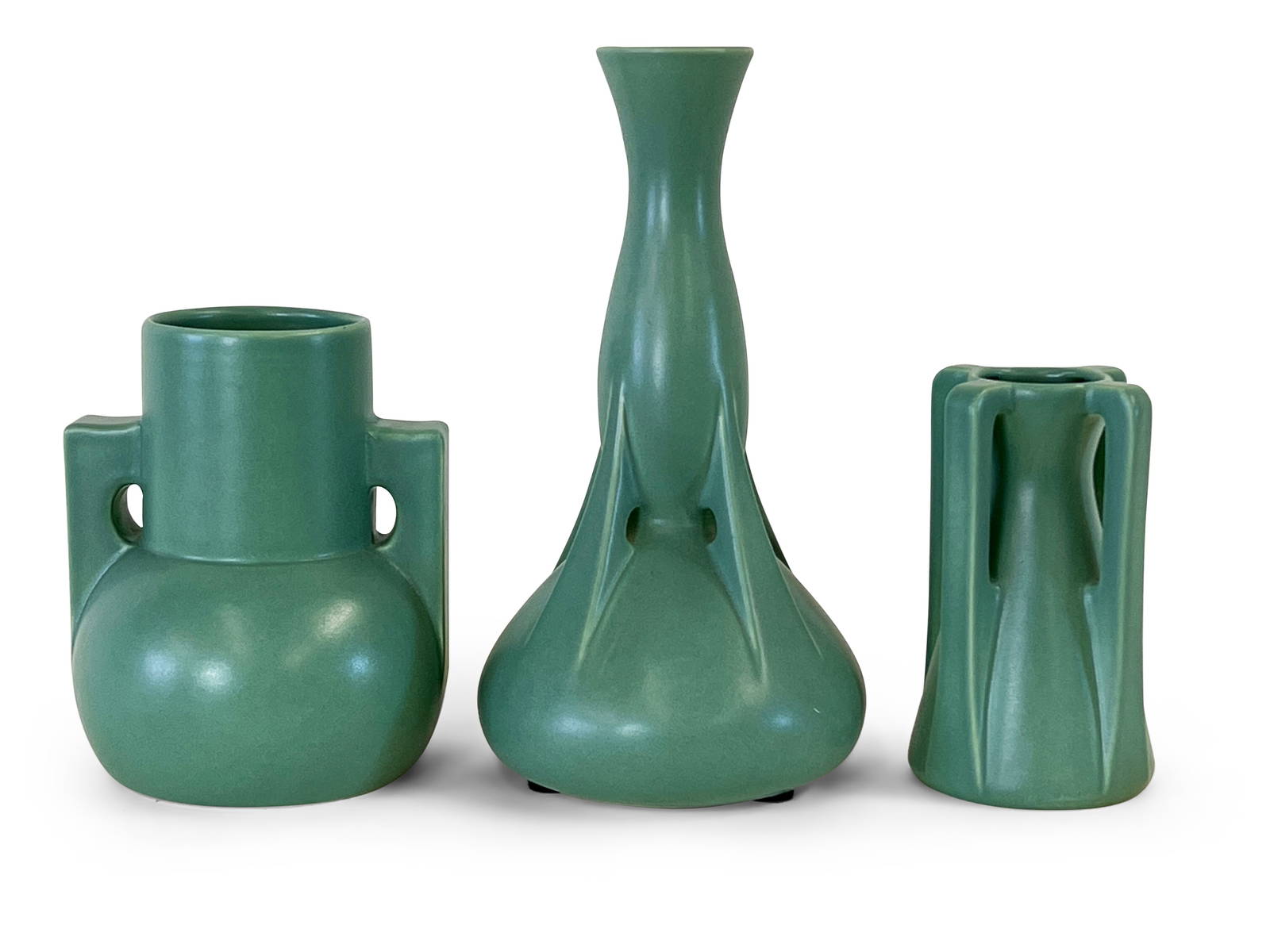 Three Contemporary Teco Green Art Pottery Vases Auction