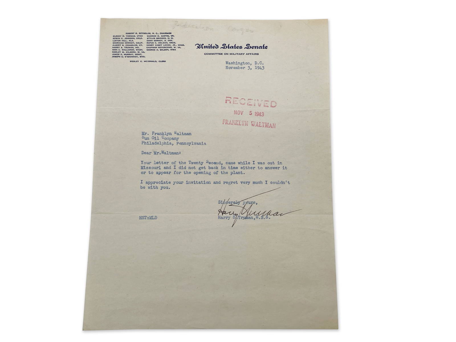 1943 Harry Truman Signed Letter Auction