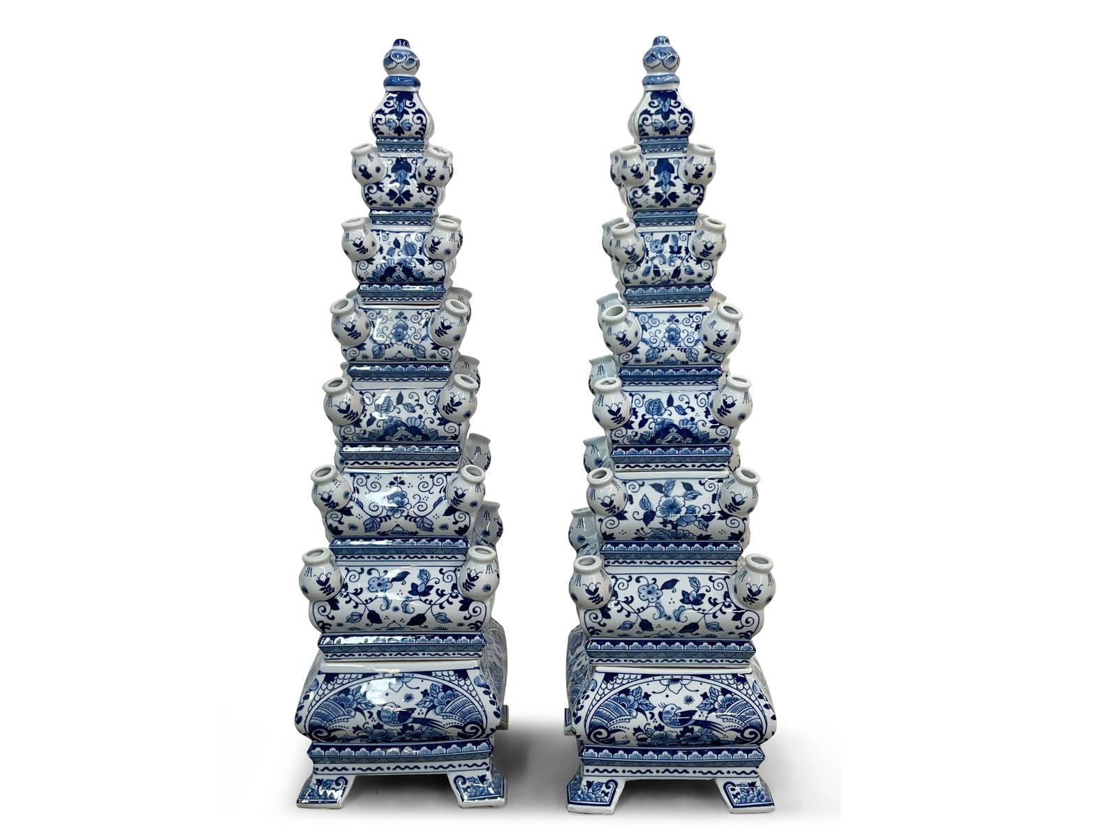Pr. Chinese Blue & White Stacking Pagoda Tulipiere Vases Auction