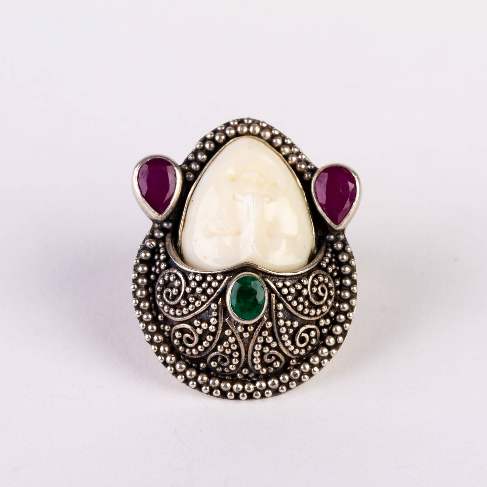 Sajen Balinese Sterling Silver Carved Ruby & Emerald Ring Auction