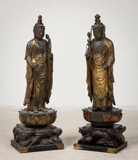 Pair Edo Era Giltwood Standing Amitabha Buddhas