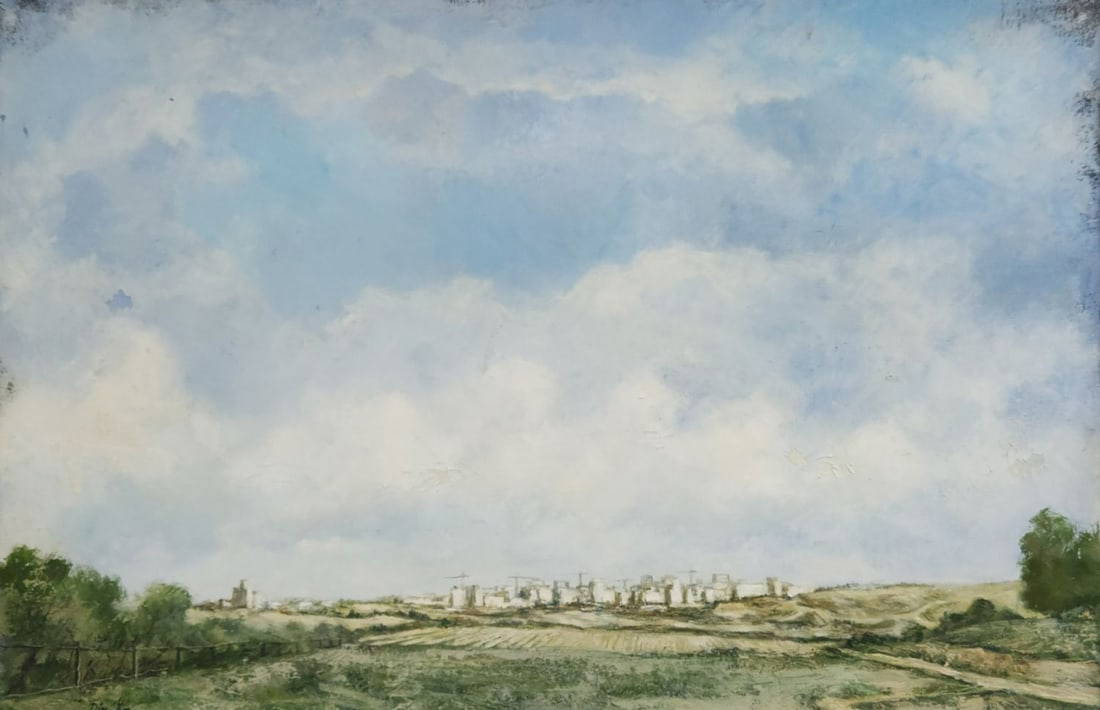 'view Of Cranes Above A City On The Horizon' -dim Yuz, Oil On Canvas ...
