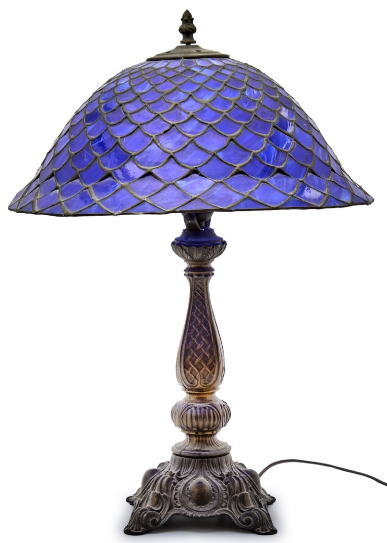 Table Lamp With Blue Stained Glass Shade And Metal Base Auction