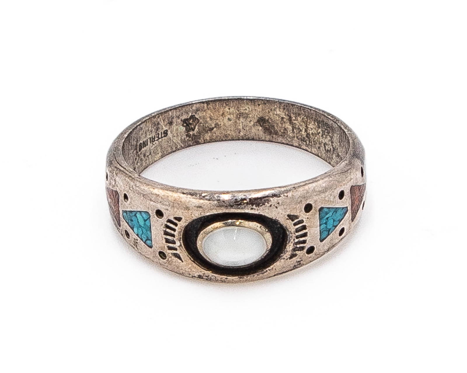 Vintage Native American Signed Sterling Crushed Turquoise Coral Inlay ...