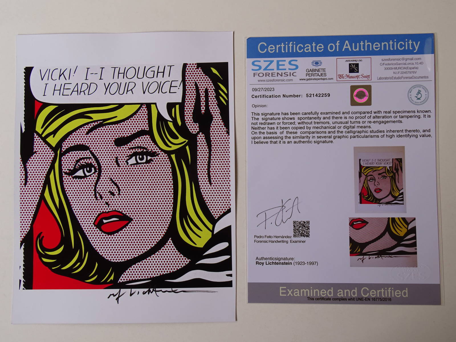 Roy Lichtenstein, Hand Signed Print With Coa Auction
