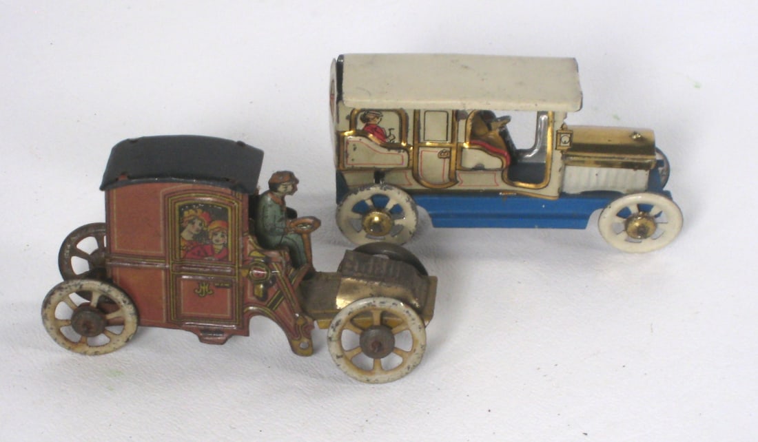 Pair Of German Penny Toy Cars Great Details Tin Litho Auction