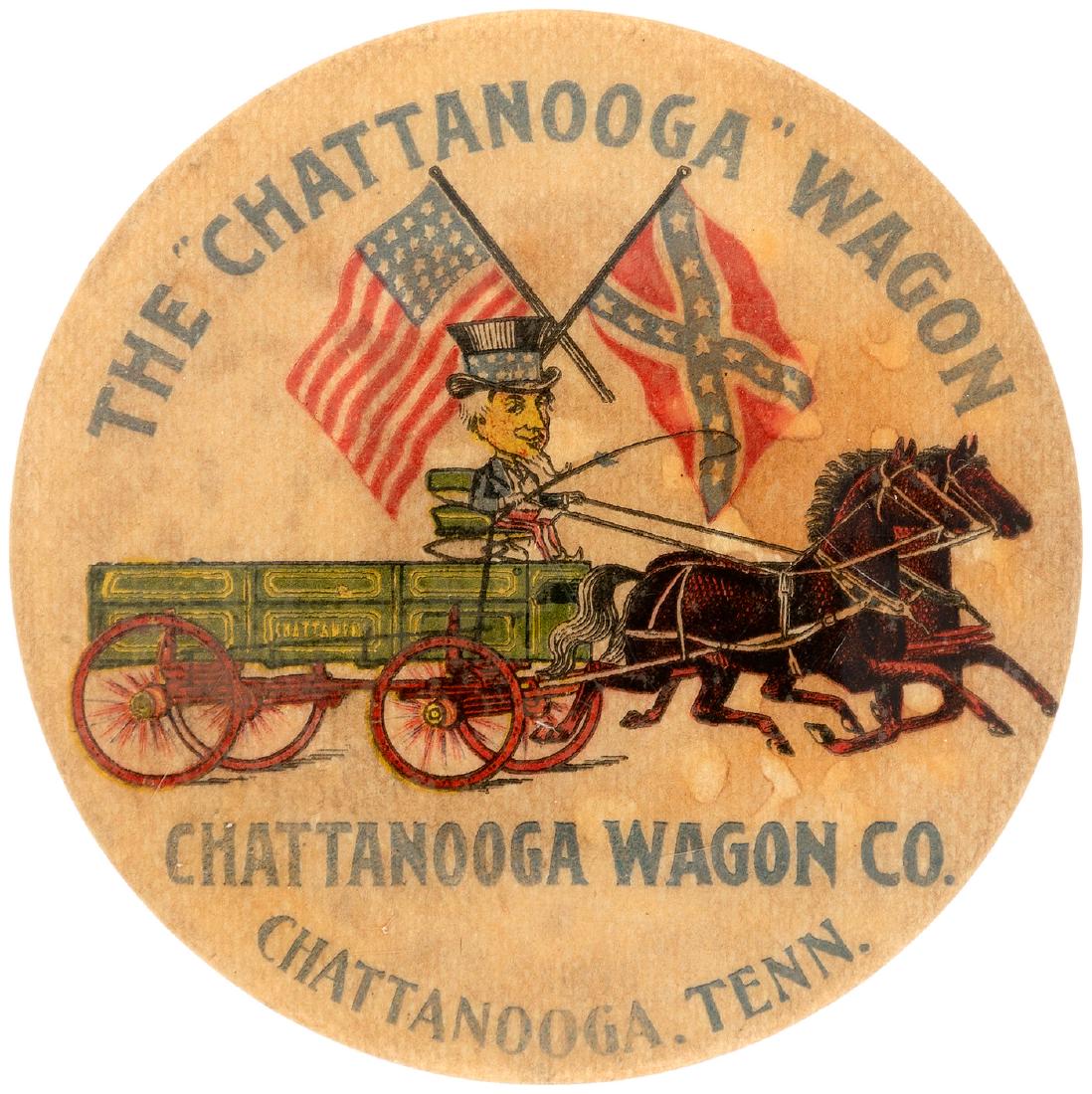 "THE 'CHATTANOOGA' WAGON" BUTTON WITH UNCLE SAM DRIVING