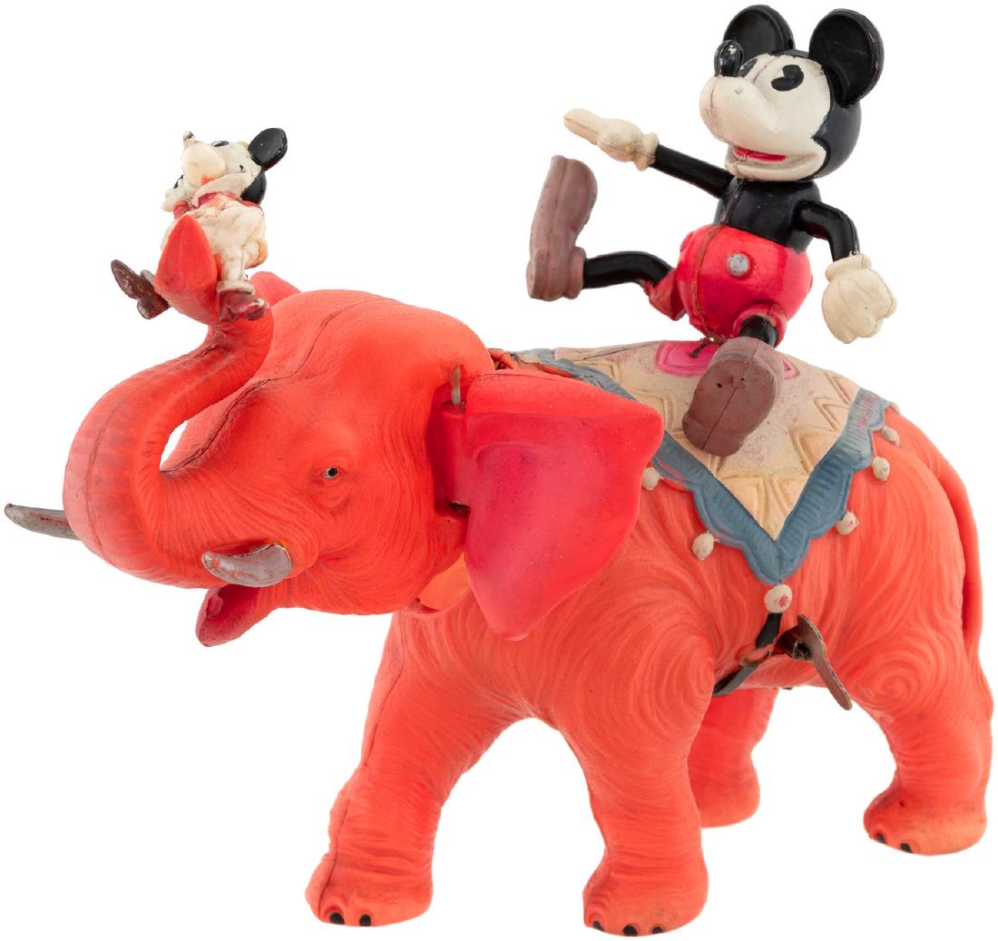 MICKEY AND MINNIE RIDING ELEPHANT LARGE CELLULOID