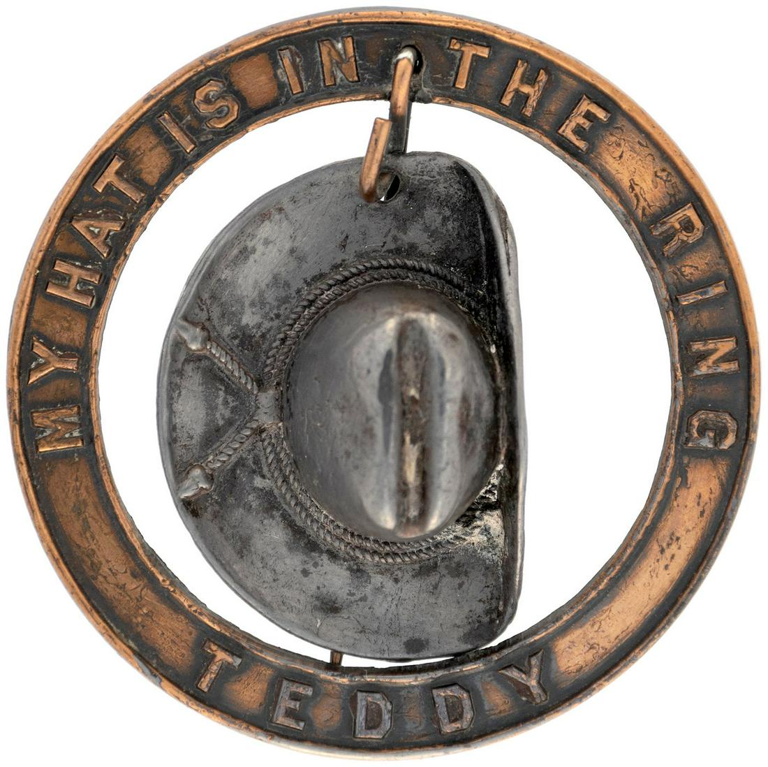 Roosevelt My Hat Is In The Ring Teddy Figural Brass Badge Hake #3102 ...