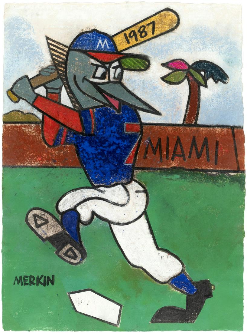 Richard Merkin Miami Marlins 1987 Large Original Art. Auction