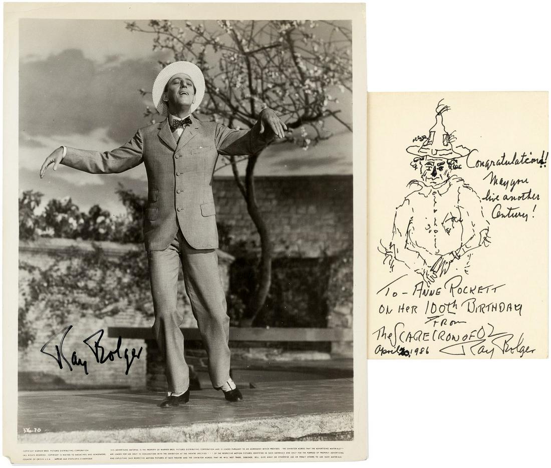 Wizard Of Oz - Ray Bolger Signed Pair With Scarecrow Sketch. Auction
