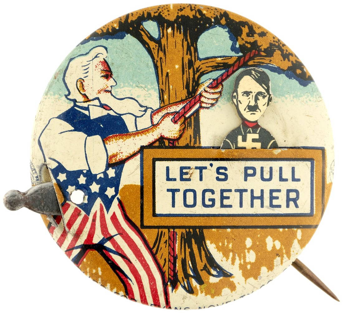 Uncle Sam Hanging Hitler Mechanical Button. Auction