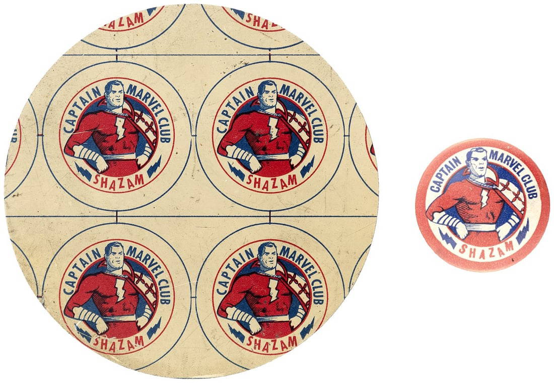 Captain Marvel Club Uncut Button Sheet & Rare Australian Button. Auction