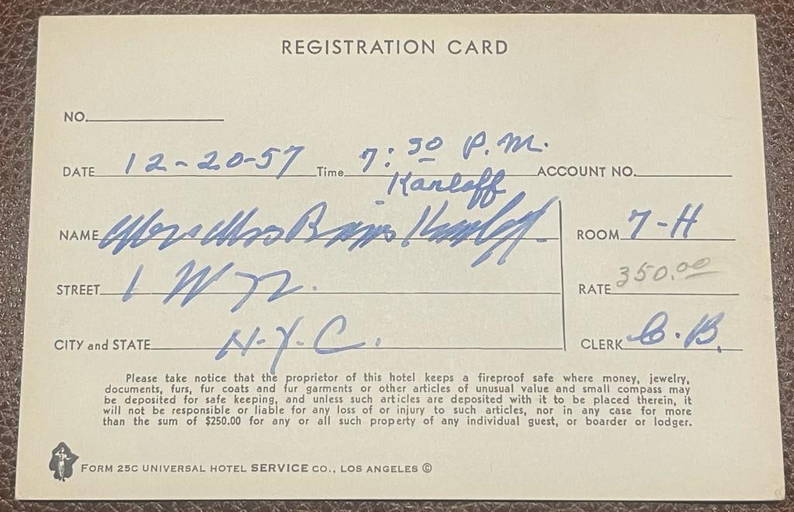 Boris Karloff Signed Chateau Marmont Hotel Registration Card (third ...