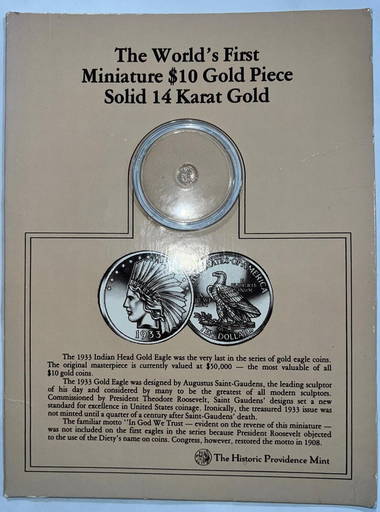 Miniature $10 Gold Piece, 14k Gold By The Historic Providence Mint