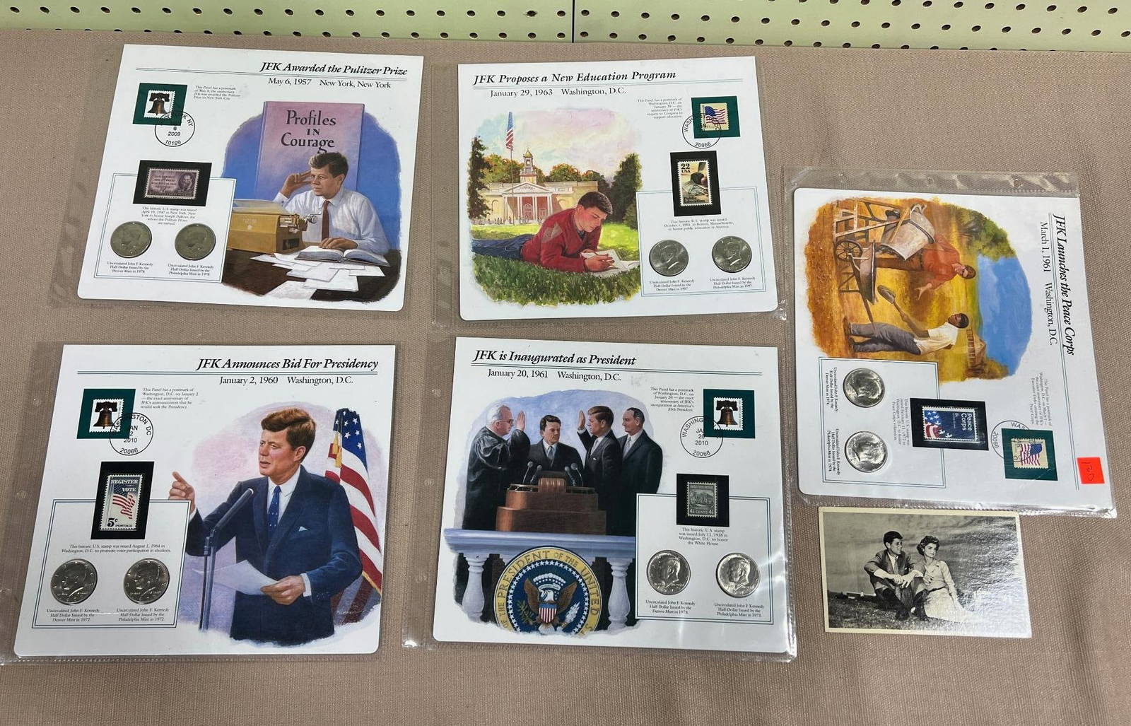 5- Kennedy Story Cards And Postcard, Each Card Has 2- Half Dollars And ...