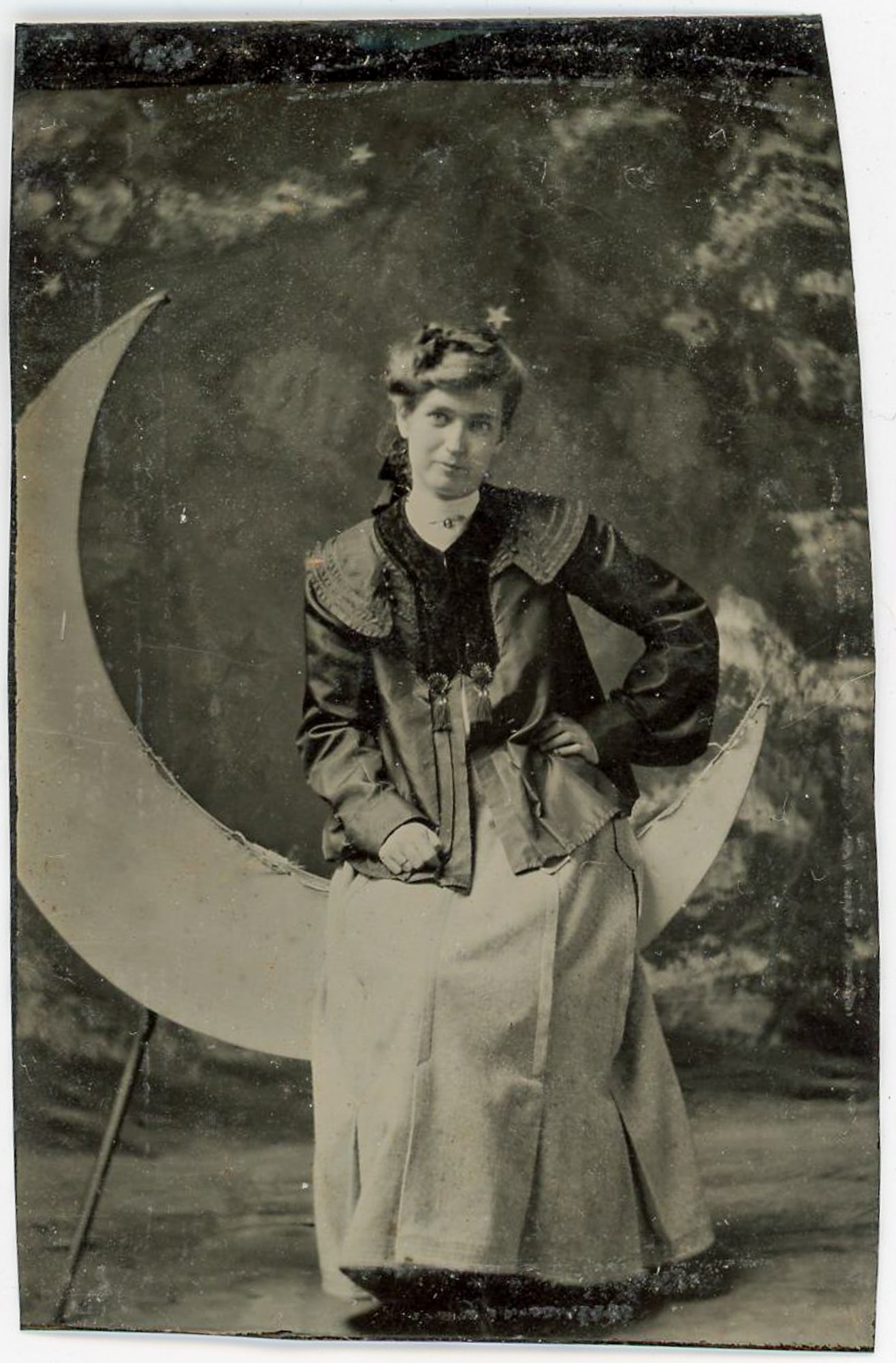 Tintype Of Woman On A Paper Moon With Starry Background Auction