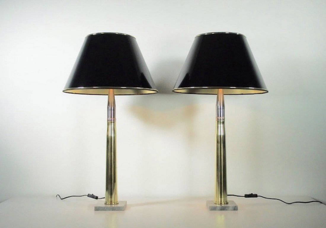 Pair Of Brass Artillery Shell Case Table Lamps With Black Shades Auction