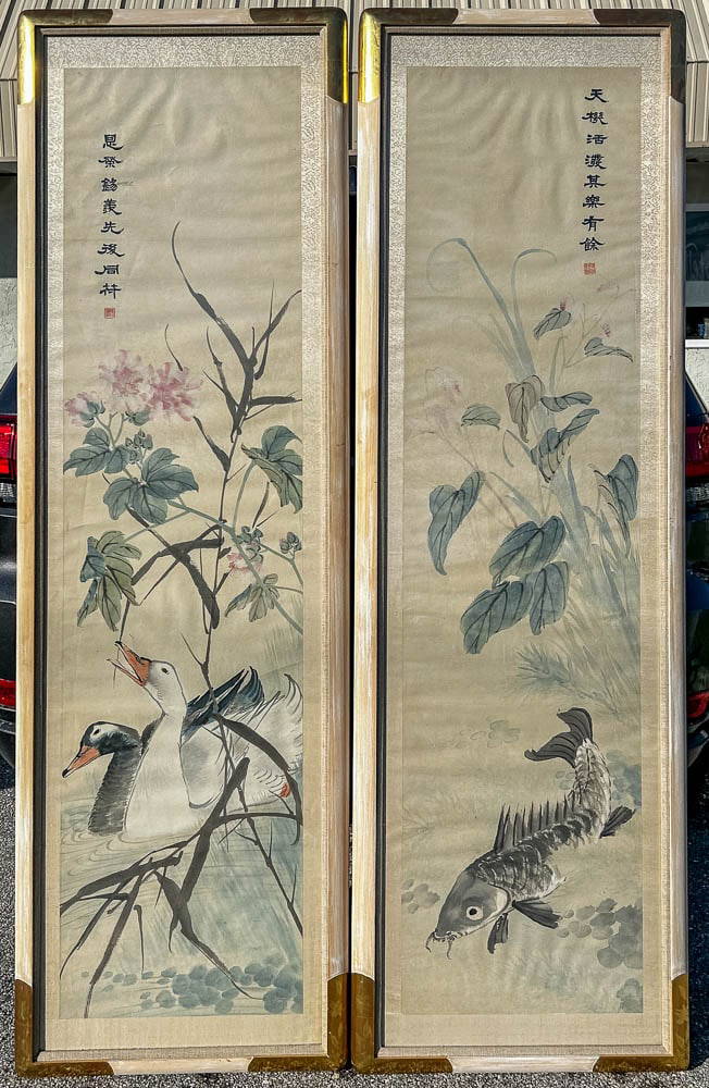 Pair Large Chinese Rice Paper Ink Paintings Ducks Auction