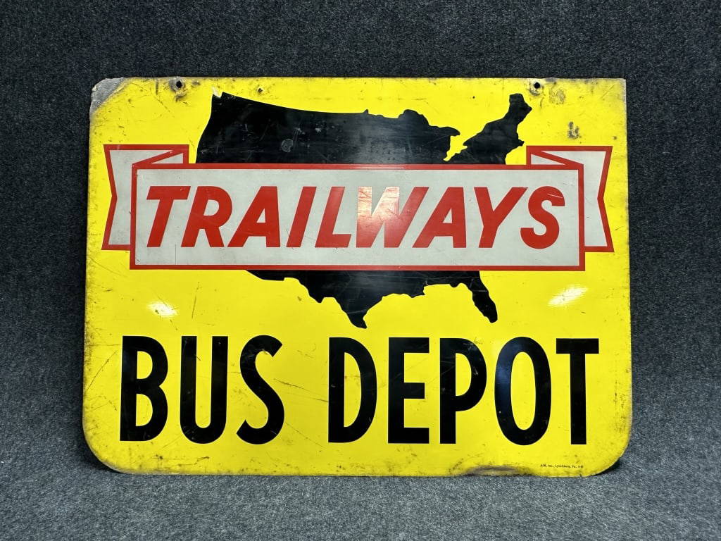 Trailways Double Sided Tin Metal Bus Depot Sign Auction