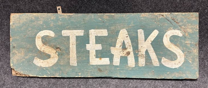 Vintage 1940s Wooden Hand Painted Steaks Double Sided Advertising Sign