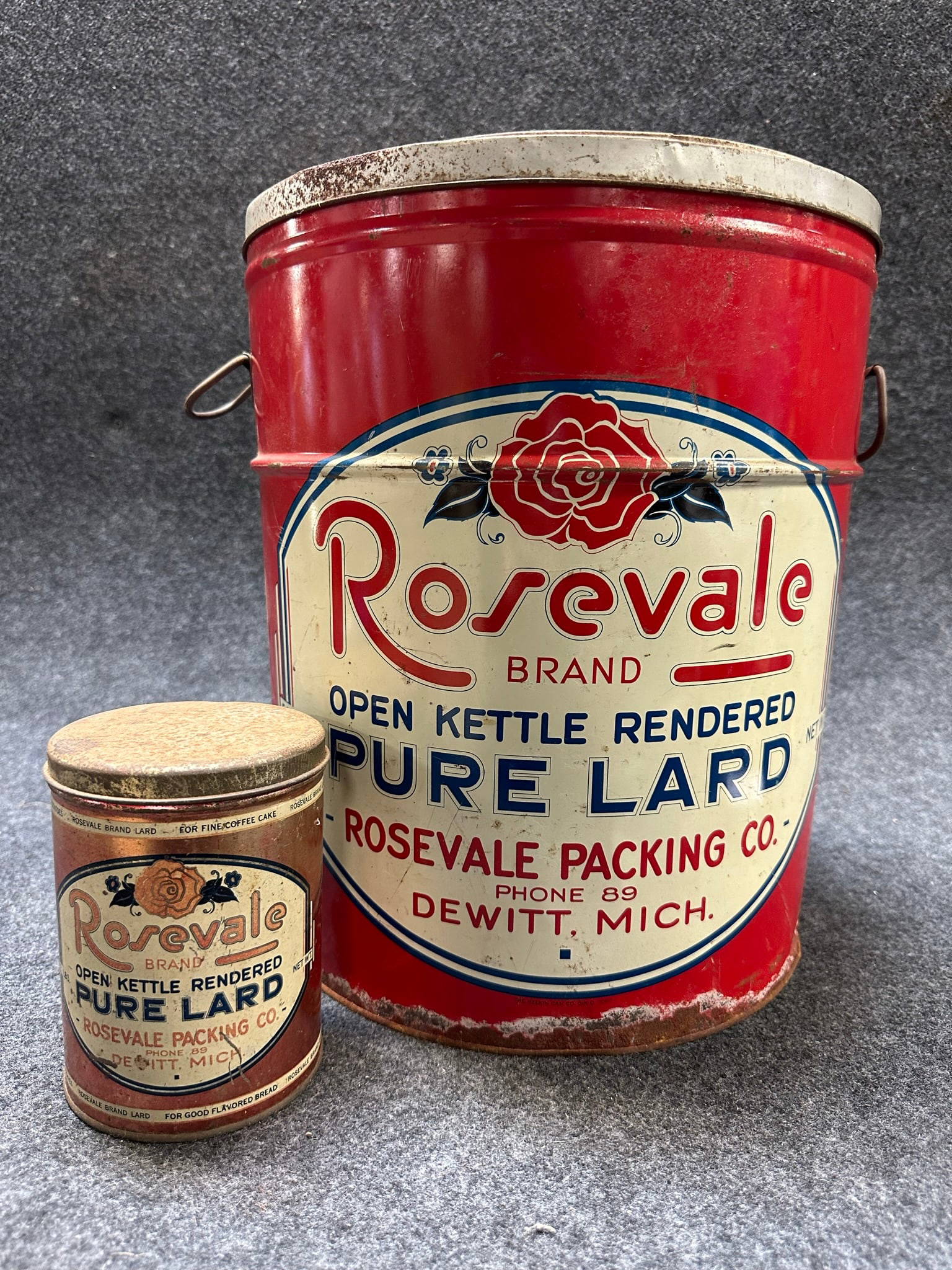 Great Original Pair Rosevale Brand 2lb & 50lb Dewitt Michigan Lard Cans Auction