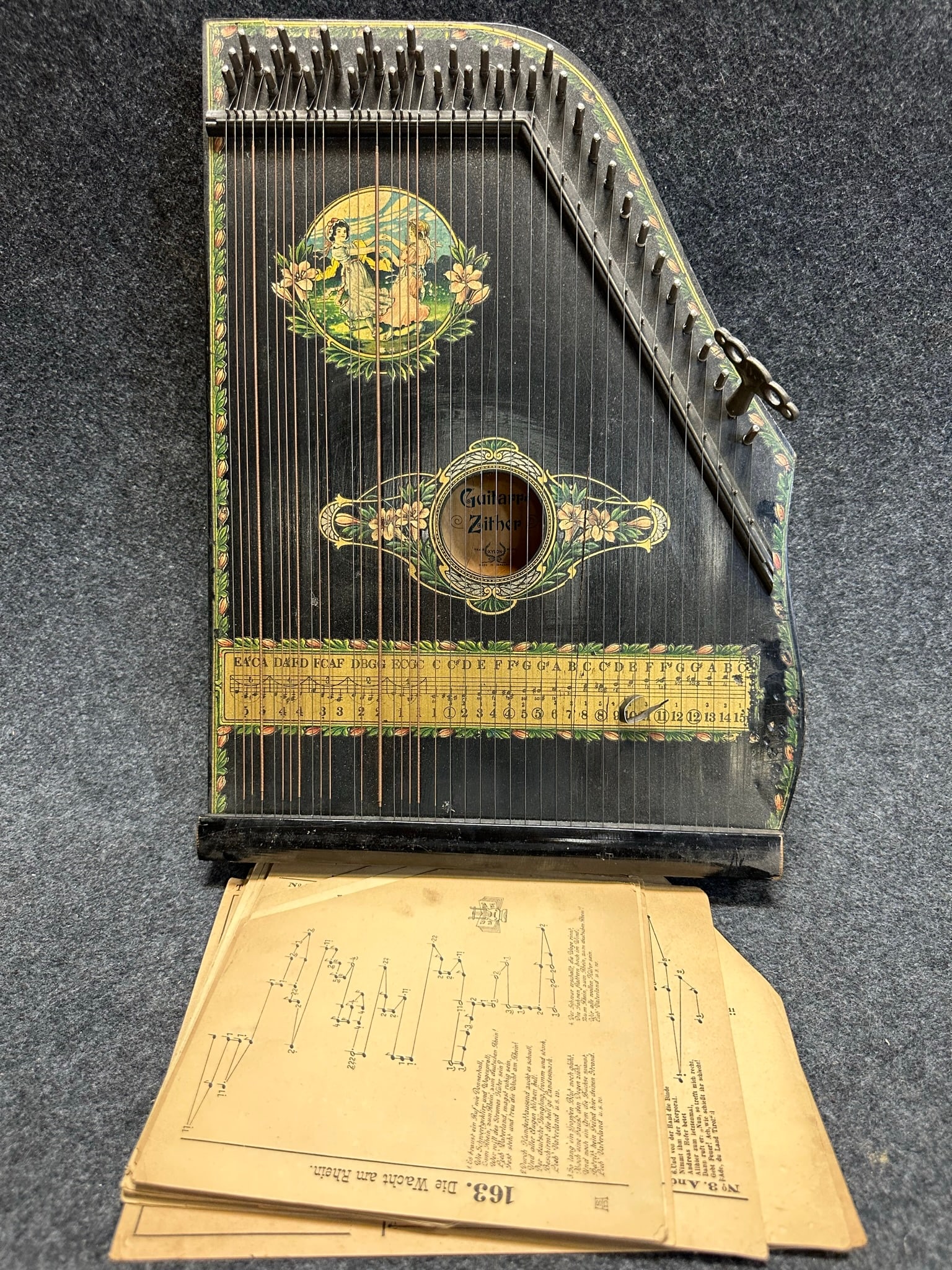 Antique Early German Guitarr Zither W/ Sheet Music