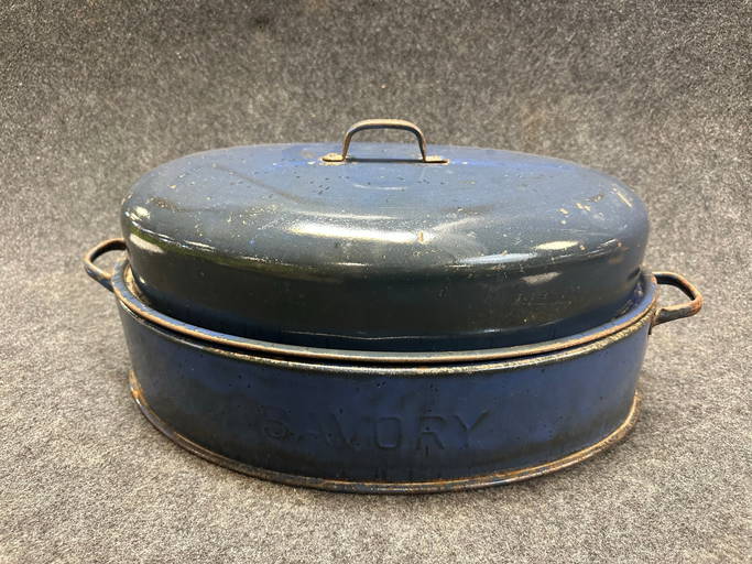 Great Original Antique Savory Blue Enamel Roasting Pan W/ Lid
