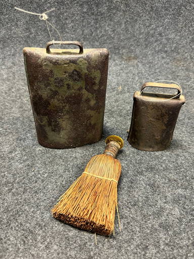 Antique Lot 3 Early Primitive Cow Bells & Whisk Brush