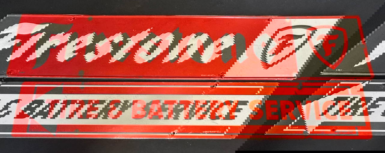 Firestone Embossed Tire & Battery Service Advertising Painted Metal Sign