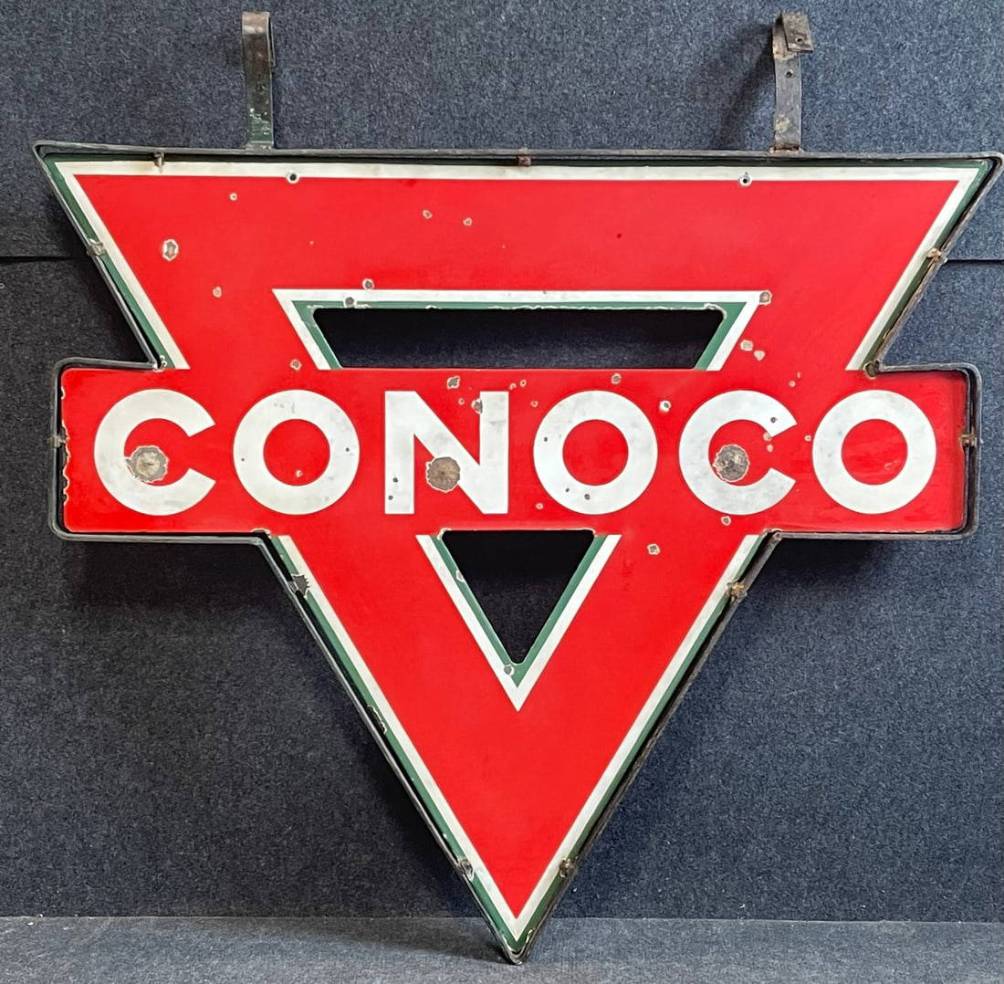 Conoco 1930s Double Sided Porcelain Hanging Service Station Sign W/ Original Ring Auction