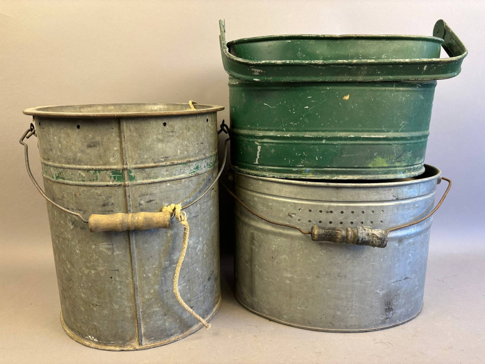 3 Antique Oval Galvanized Minnow Buckets Green Auction
