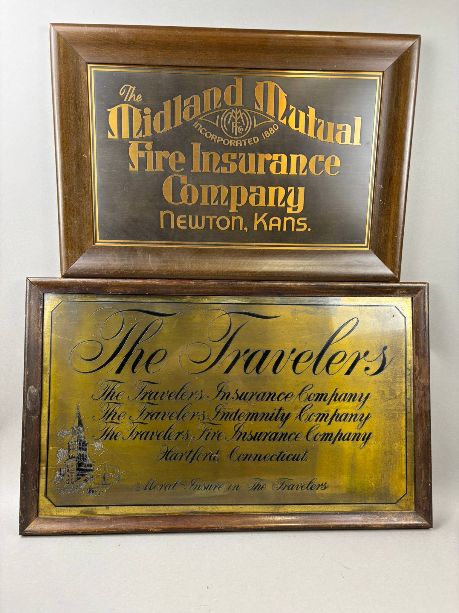 2 Antique Brass Insurance Advertising Signs Auction