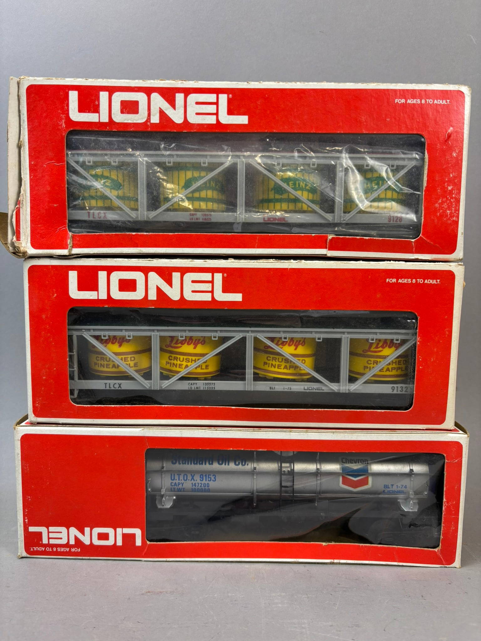 3 Nos Lionel Train Box Cars Heinz Libby Chevron Auction