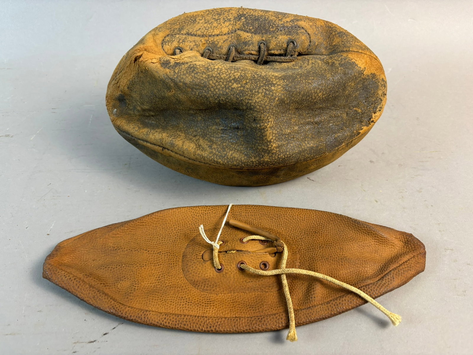Pair Early 1900s 5 Lace Melon Ball & Uninflated Giants Leather Football ...