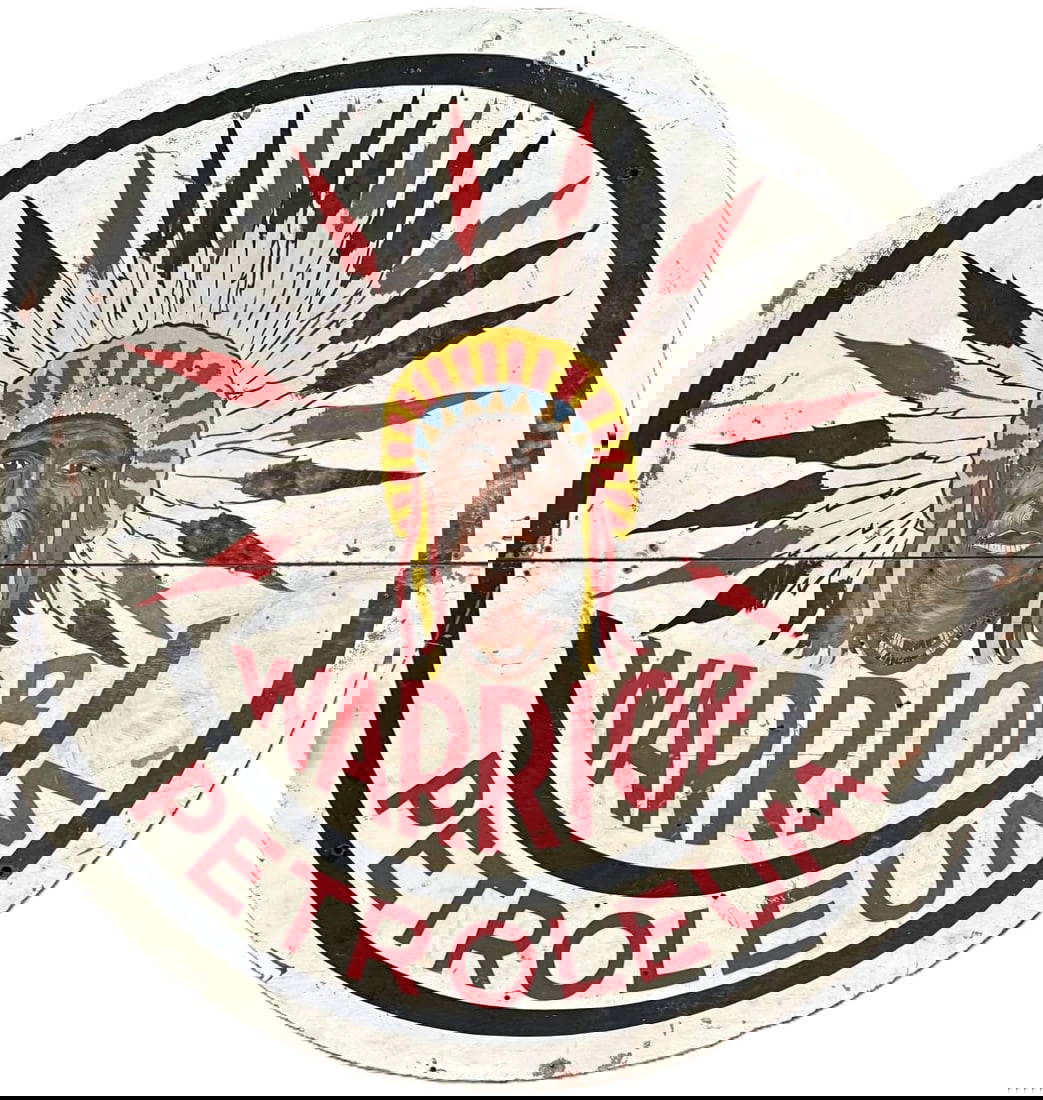 Rare Warrior Petroleum Wooden 6' Sign W/ Native American Graphic Auction