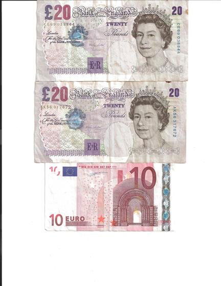 2 Bank of England 20 Pound Notes, 10 Euro Bill