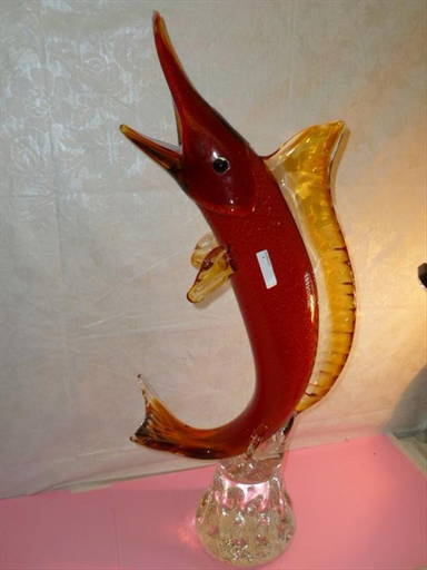 Murano Glass Large Sword Fish In Red With Gold Fins On