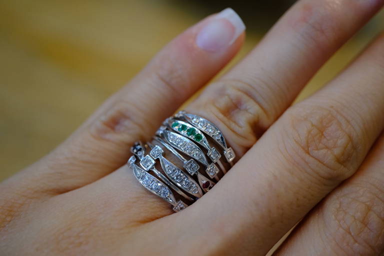 Ruby, Sapphire, Emerald And Diamond Stacking Rings In 14k White Gold